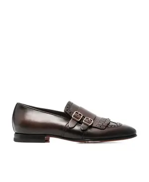 Santoni Double-buckle Almond Toe Loafers With Fringe Detailing