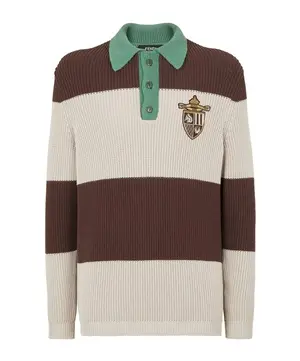 Fendi Crest Embroidered Striped Knitted Polo Shirt - Brown