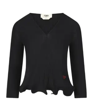 Fendi Ribbed V-neck Top With Ruffled Hem - Black