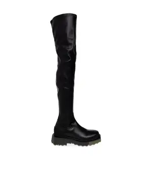 Off-White Round Toe Thigh High Boots - Black