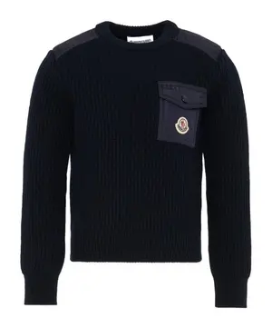 Moncler Ribbed Crewneck Jumper With Logo Patch Pocket