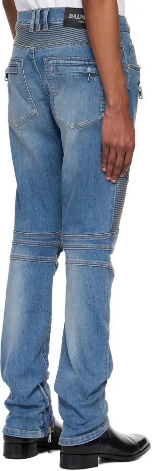 Balmain Slim-fit Biker Jeans With Ribbed Details - Blue