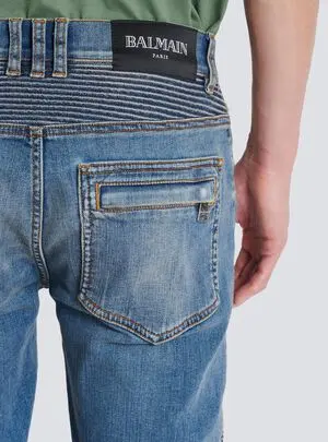 Balmain Slim-fit Biker Jeans With Ribbed Details - Blue