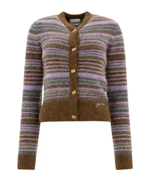 GANNI Striped Knit Cropped Cardigan - Brown