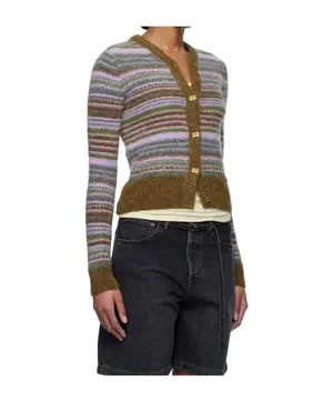 GANNI Striped Knit Cropped Cardigan - Brown