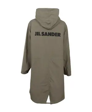 JIL SANDER Logo Printed Drawstring Hooded Parka - Green