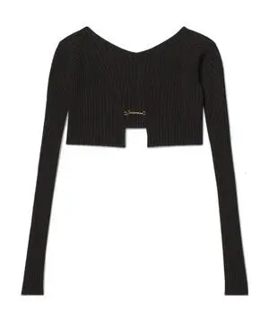 Jacquemus Ribbed Knit Cropped Cardigan With Logo Charm - Black