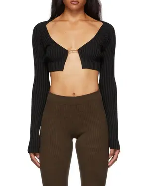 Jacquemus Ribbed Knit Cropped Cardigan With Logo Charm - Black