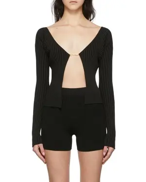 Jacquemus Ribbed Knit Cropped Cardigan With Logo Charm - Black