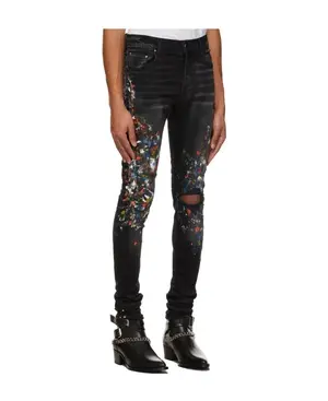Amiri Paint Print Distressed Skinny Jeans - Black
