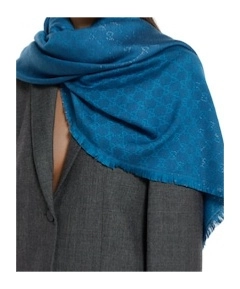 Gucci Monogrammed Fringed Scarf - Blue