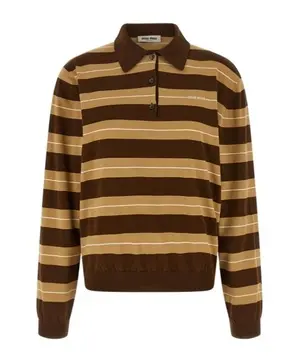 MIU MIU Miu Miu Long-Sleeved Knitted Striped Polo Shirt