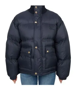 Celine Puffer Jacket In Light Nylon With High Collar And Triomphe Snaps - Blue