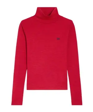Celine Wool Jersey Turtleneck Top With Embroidery - Cherry Red/navy