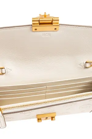 Mcm Embossed Logo Wallet With Chain Strap - White