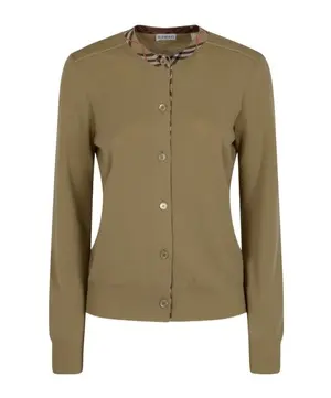 Burberry Checked-neck Buttoned Cardigan - Khaki