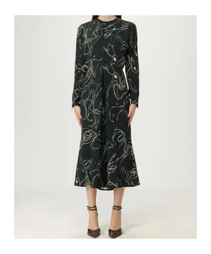 Victoria Beckham Long Sleeve Chain Print Midi Dress