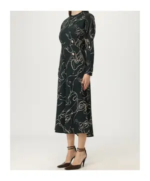 Victoria Beckham Long Sleeve Chain Print Midi Dress