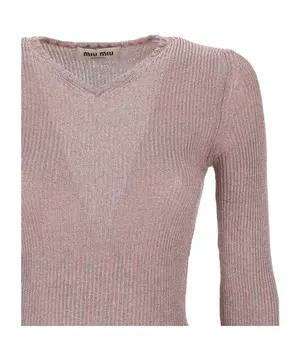 Miu Miu Lurex-detailed V-neck Jumper - Nude