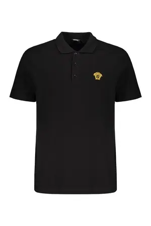 Versace Logo-embroidered Short-sleeved Polo Shirt - Black