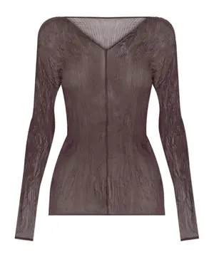 Issey Miyake Pleated V-neck Chiffon Top - Brown