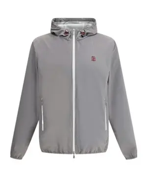 Brunello Cucinelli Logo Embroidered Zip-up Hooded Jacket - Gray
