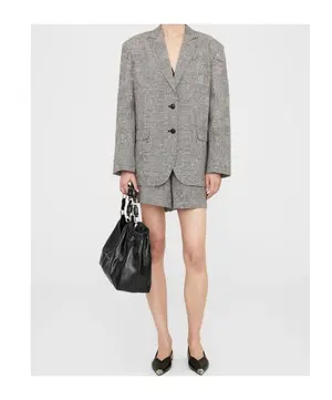 ANINE BING Quinn Plaid Linen Blazer - Gray