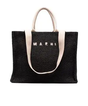 Marni Embroidered Raffia Tote Bag - Black