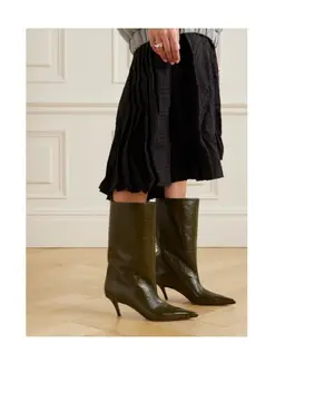 Amina Muaddi Crinkled Leather Pointed Toe Boots