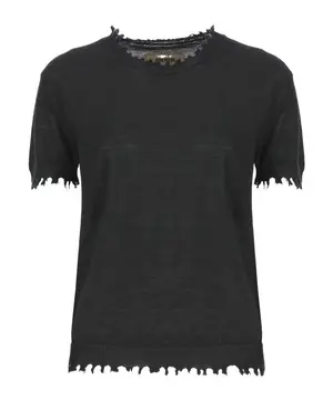UMA WANG Distressed Crew Neck Short Sleeve Sweater - Black