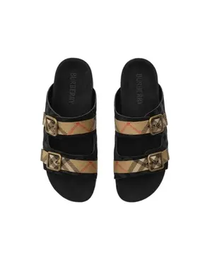 Burberry Checked Buckle Flat Sandals - Black