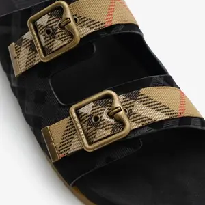 Burberry Checked Buckle Flat Sandals - Black