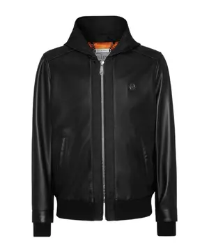 Philipp Plein Leather And Satin Hooded Bomber Jacket - Black