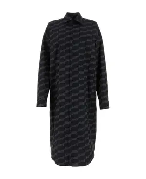 Balenciaga All-over Logo Printed Poplin Shirt Dress - Black