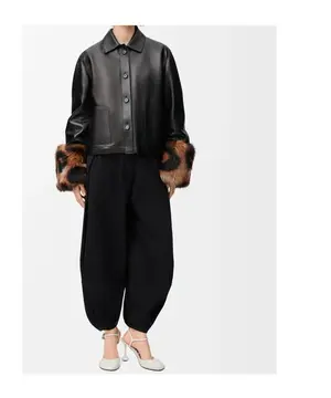 Loewe Leather Jacket With Fur Cuffs - Black