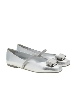 FERRAGAMO Silver Metallic Slip-on Flats With Logo Detail
