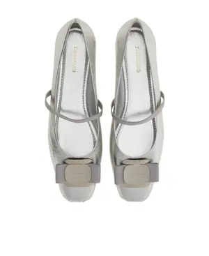 FERRAGAMO Silver Metallic Slip-on Flats With Logo Detail