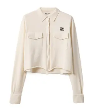 Miu Miu Cropped Knitted Cardigan With Embroidered Logo - White