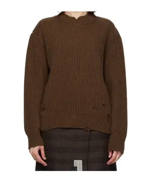 MAISON MARGIELA Distressed Ribbed V-neck Sweater - Brown