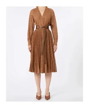 Max Mara V-neck Lace Pleated Midi Dress With Belt