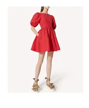 Red Valentino Taffeta Puff Sleeve Dress With Open Back And Bow Detail