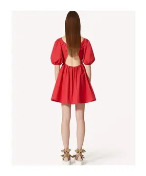 Red Valentino Taffeta Puff Sleeve Dress With Open Back And Bow Detail