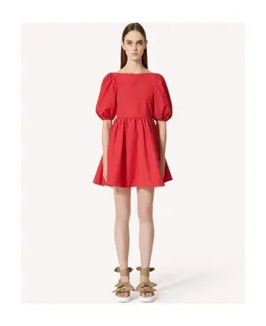 Red Valentino Taffeta Puff Sleeve Dress With Open Back And Bow Detail