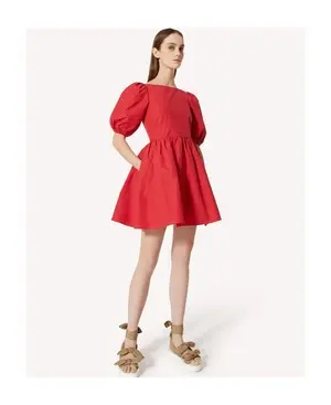 Red Valentino Taffeta Puff Sleeve Dress With Open Back And Bow Detail