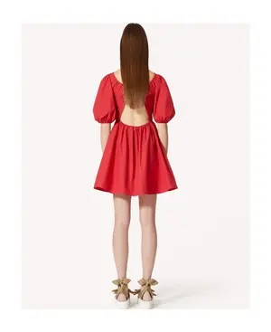 Red Valentino Taffeta Puff Sleeve Dress With Open Back And Bow Detail