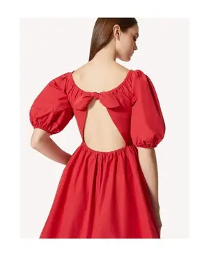 Red Valentino Taffeta Puff Sleeve Dress With Open Back And Bow Detail