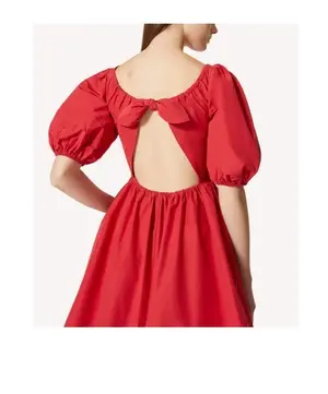 Red Valentino Taffeta Puff Sleeve Dress With Open Back And Bow Detail