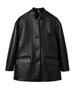 Gucci Gg Embossed Leather Stand Collar Jacket - Black