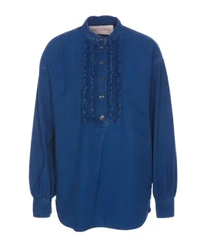 Valentino Garavani Long Sleeve Ruffled Denim Shirt