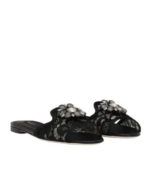 Dolce & Gabbana Bianca Lace Slides With Embellished Detail - Black